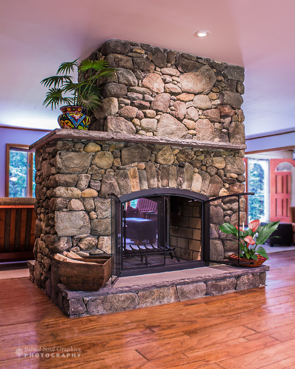 Two Sided Fieldstone Fireplace